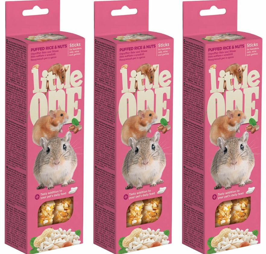 Little One Лакомство для хомяков, крыс, мышей и песчанок Палочки с воздушным рисом и орехами, 2х55 г, 3 уп