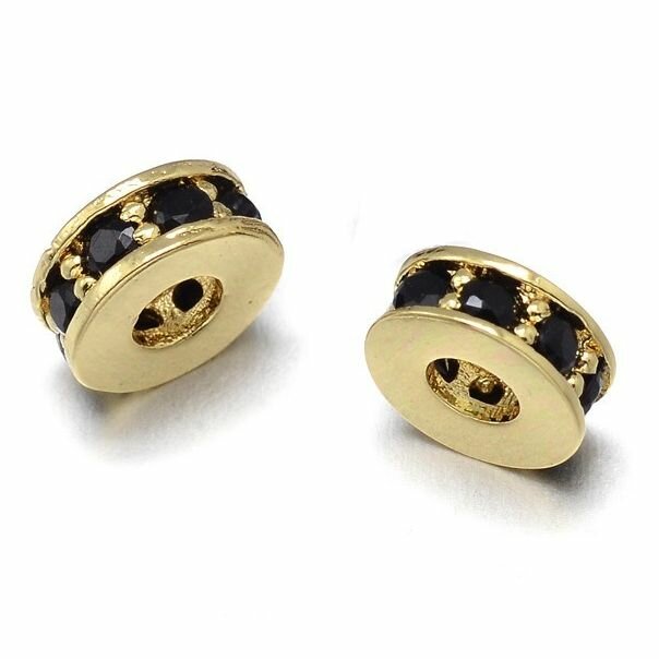 Бусина металлическая 7х3мм, Milano, Рондель, с крупным отверстием, с черными фианитами, базовый материал - латунь, под золото, 1 шт.