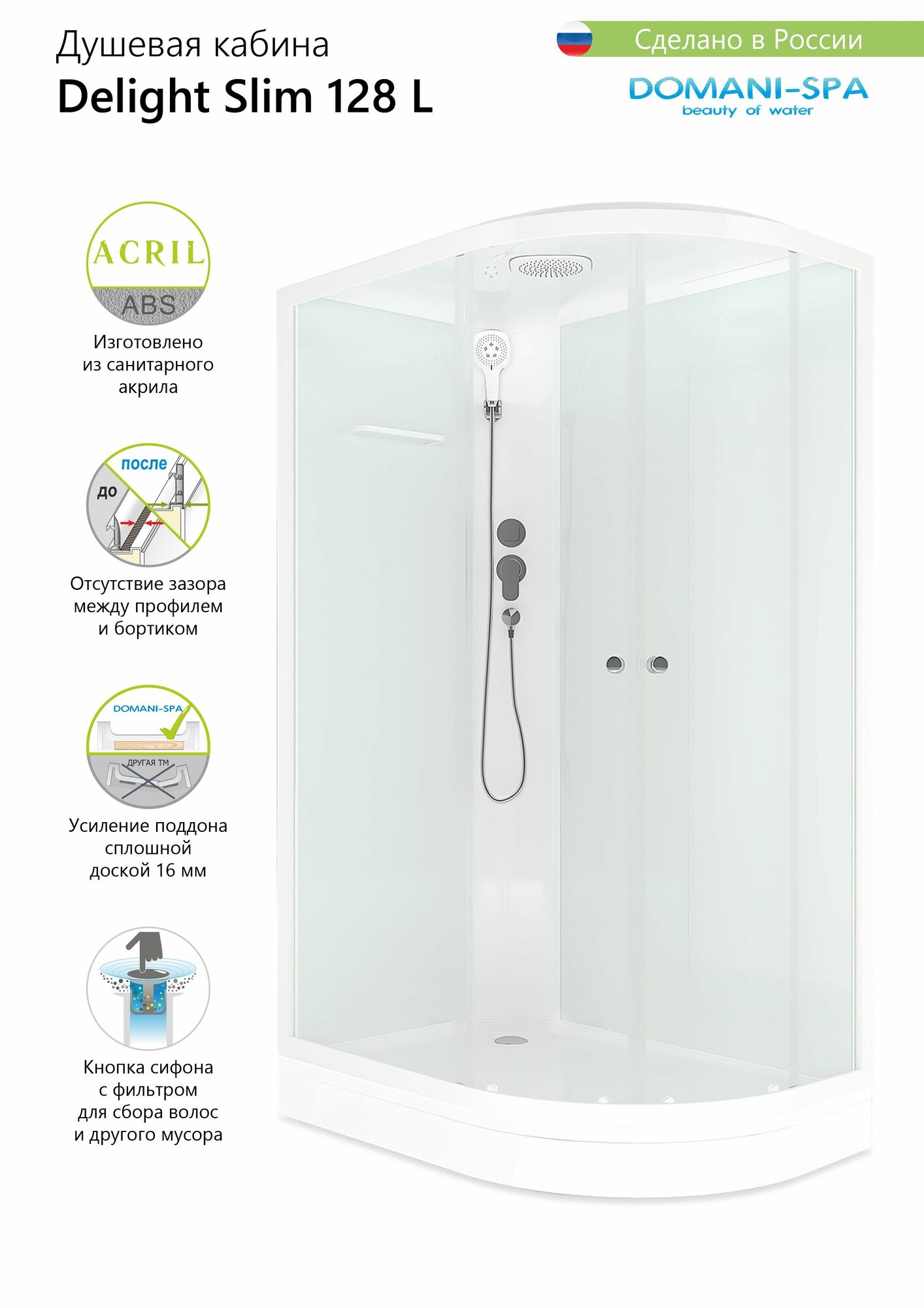 Душевая кабина DOMANI-Spa Delight Slim 128 L, низкий поддон, белые стенки, прозрачное стекло, размер 120х80х218см