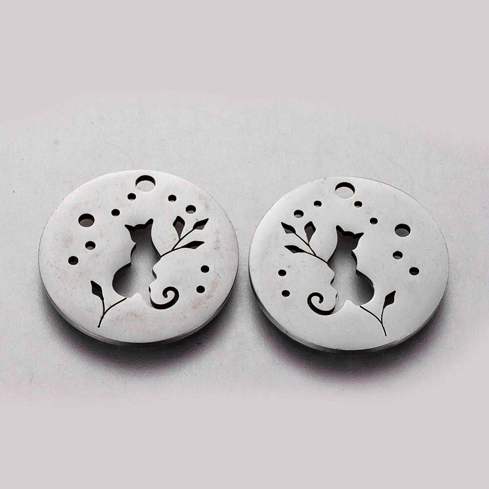 Подвеска, 20х1мм, медальон Кошка на ветке, базовый материал - нержавеющая сталь, без покрытия, 2 шт.