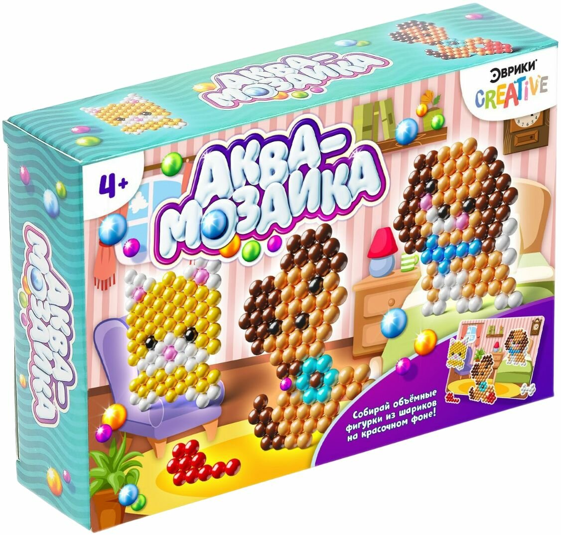 Аквамозаика для детей "Зверята" с декорациями, создание объемных фигурок из бусин, набор для творчества со схемами и инструментами