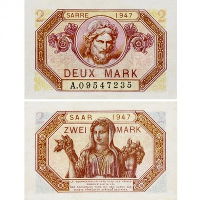 Saarland 2 марки 1947 Германия, сувенирная копия, банкноты и купюры редкие коллекционные