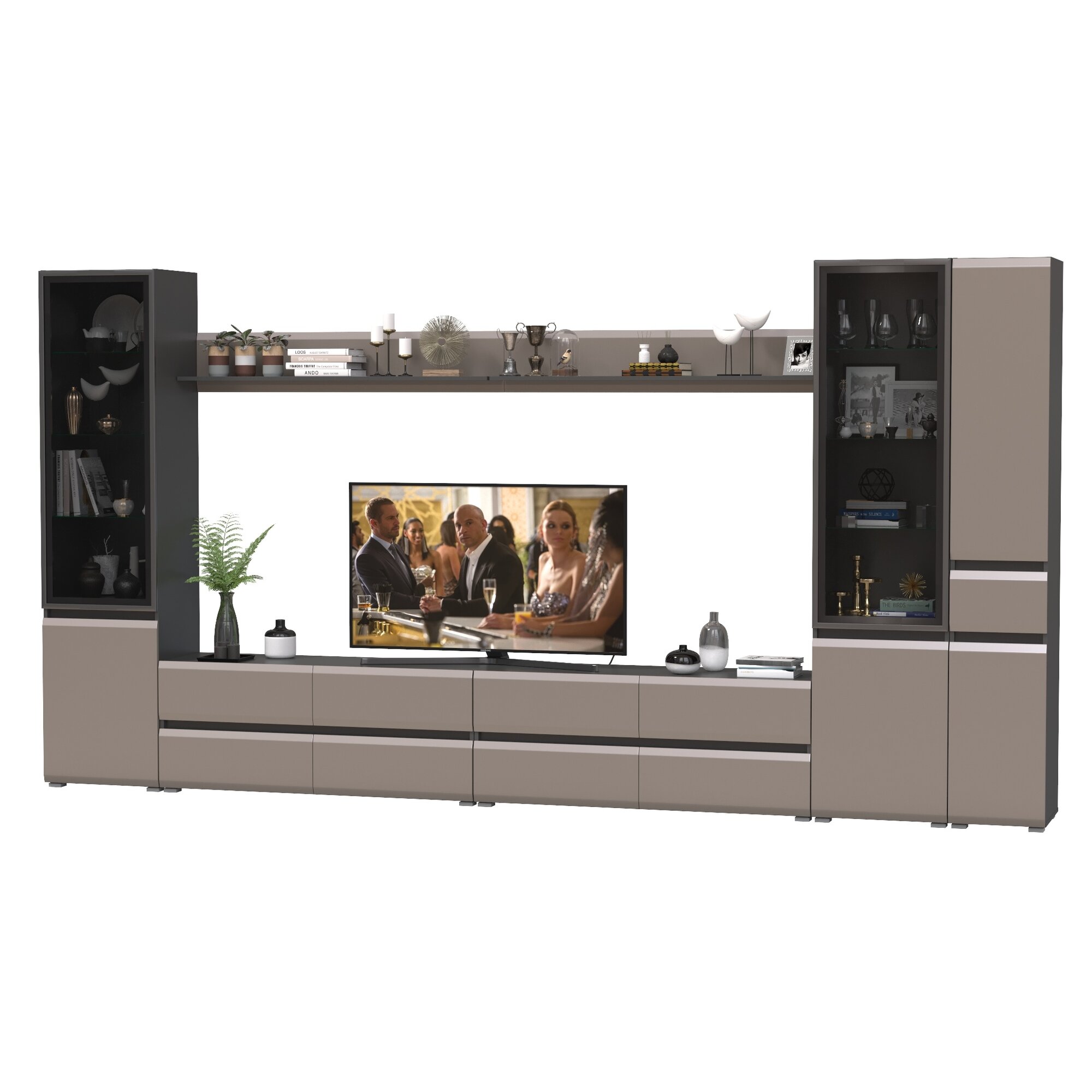 Корпусная мебель в гостиную Моби Сидней № 110, цвет антрацит/МДФ веллюто капучино, 394,8х41,3х205,2 см.