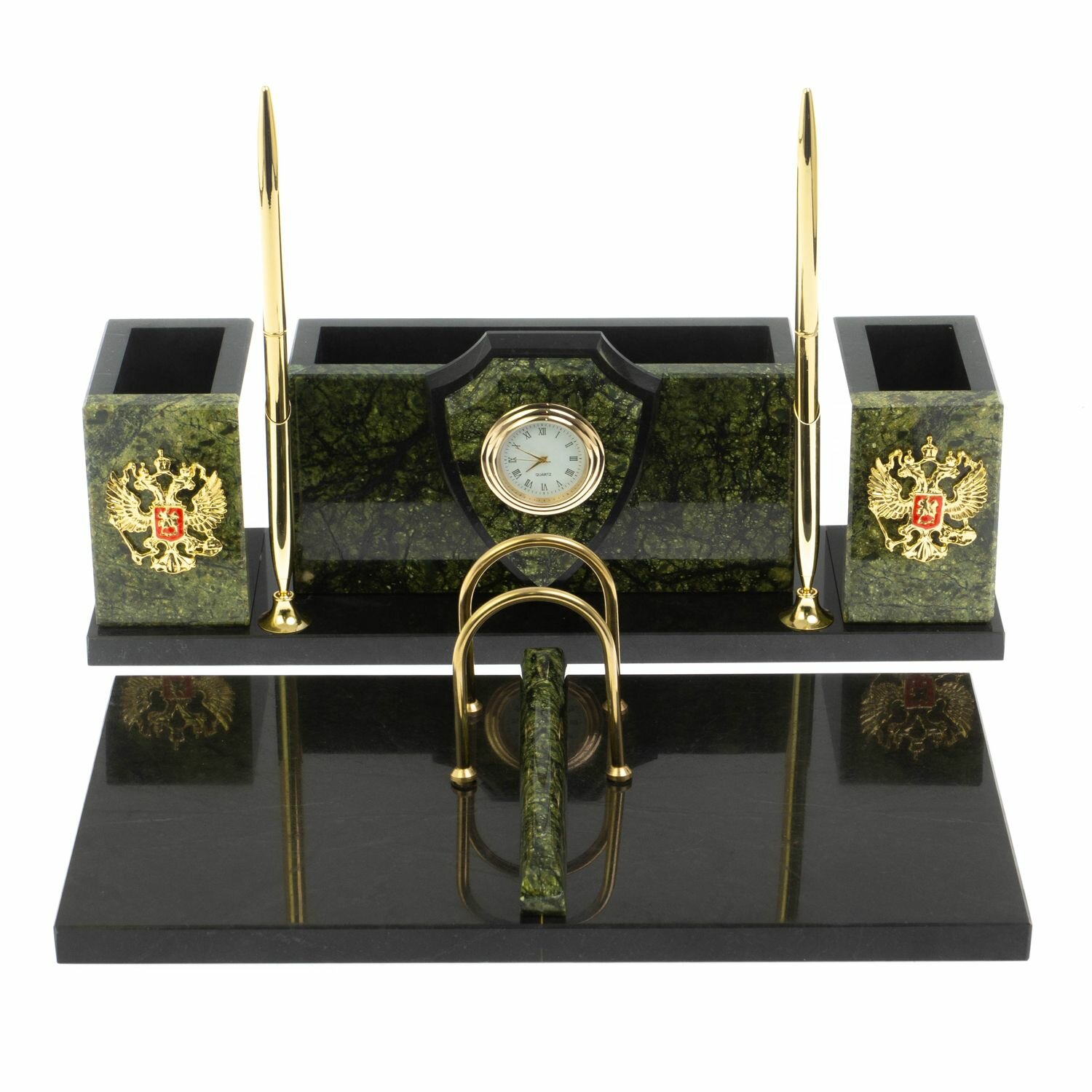 Настольный прибор "Щит" камень змеевик с символикой РФ 119678