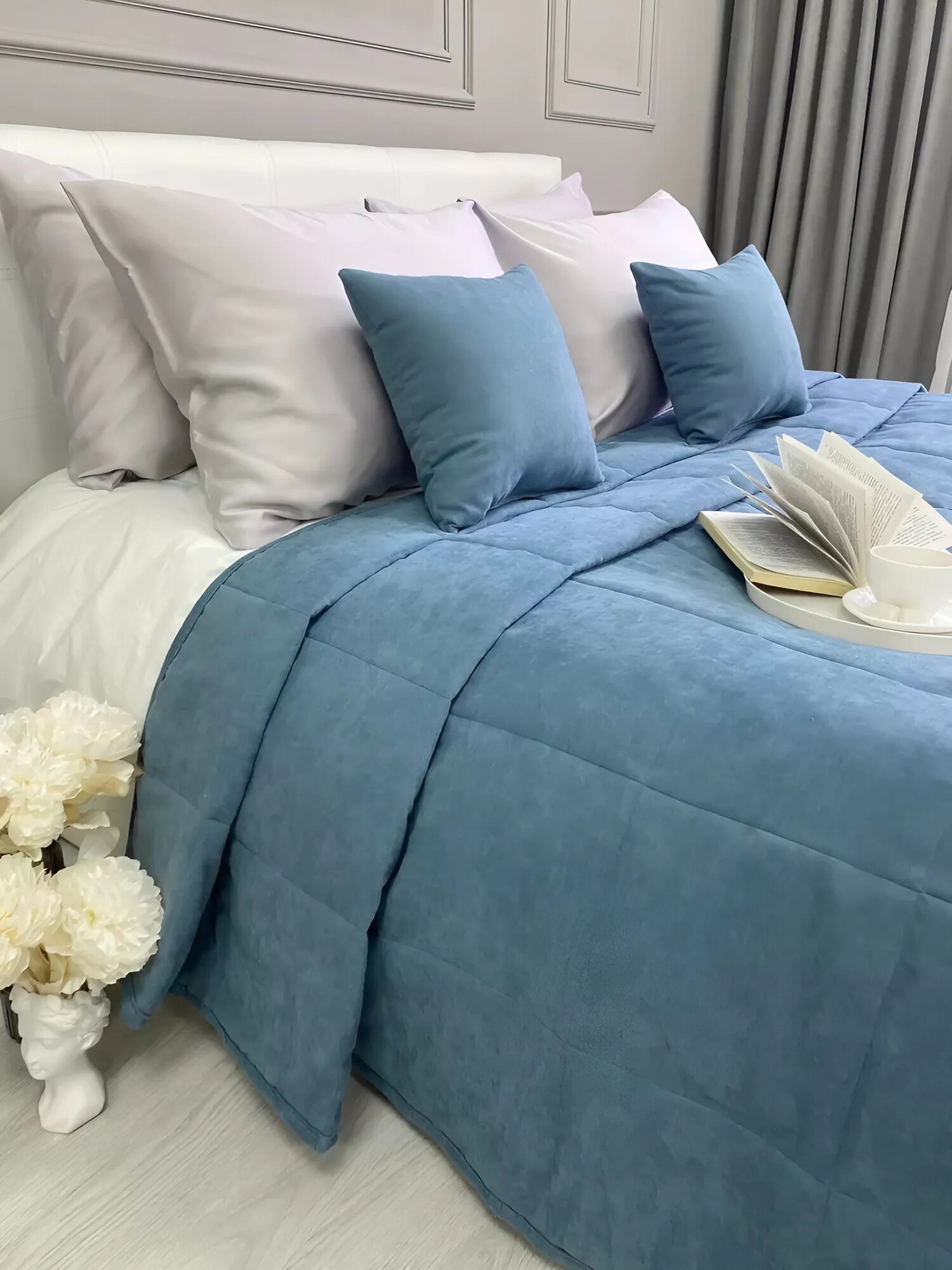 Покрывало на кровать стеганое 180х220 см канвас IRISHOME, IRISHOME, темно-голубое