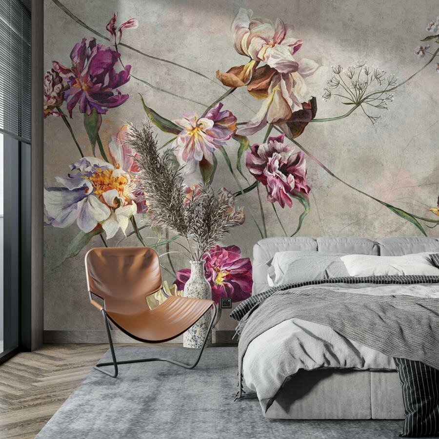 Фотообои Красивый принт с цветами 12-1888-S-Холст 270 x 200 см (ВхШ) Бесшовные, флизелиновые, влагостойкие обои