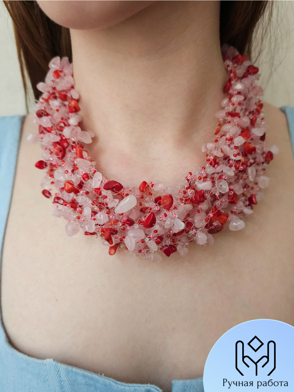 Колье, коралл, розовый кварц, бисер