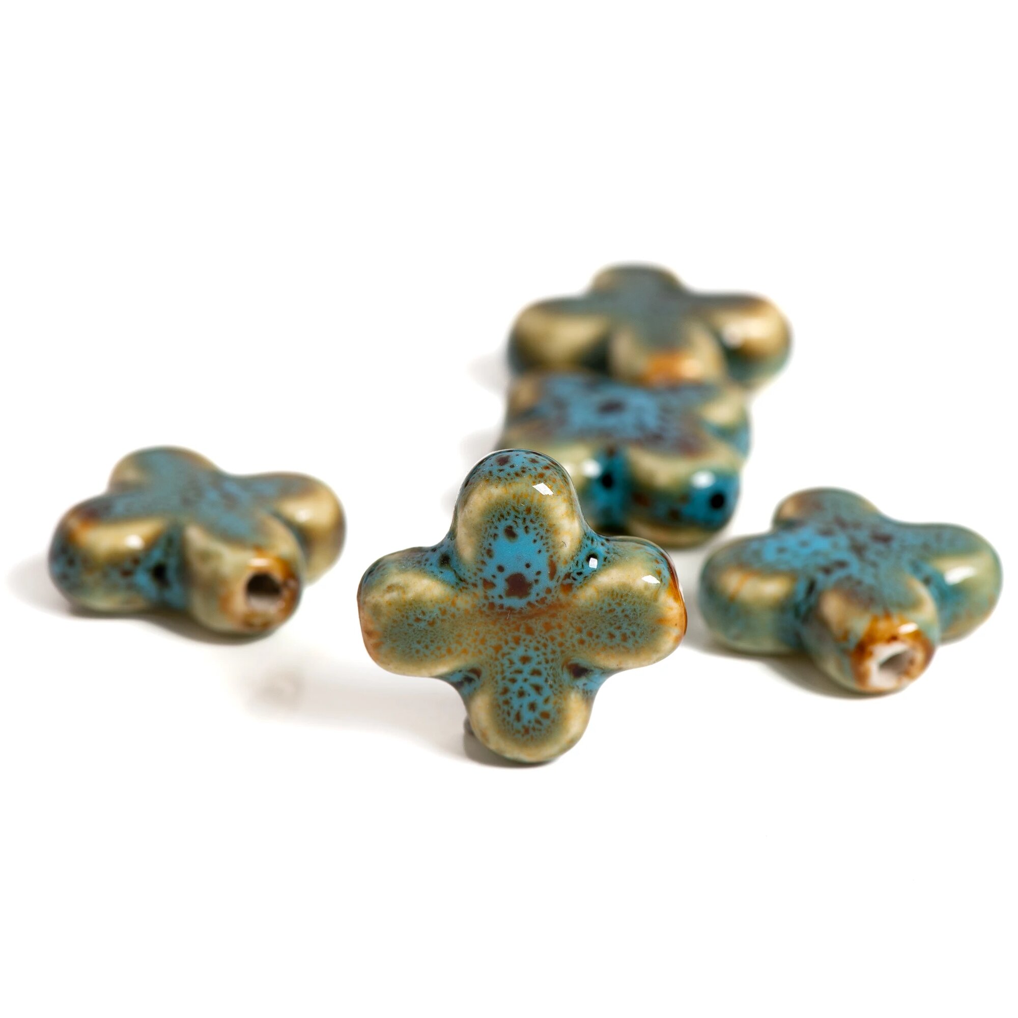 Керамические бусины с цветочной глазурью и синим крестом 22X22X7 мм в форме цветка, бусины-разделители с большим отверстием для DIY ювелирных изделий, 5 шт. TCZ756
