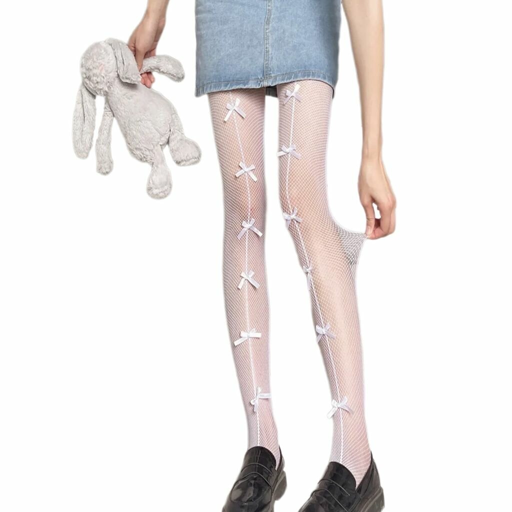 Сетчатые чулки с бантом, колготки-белые