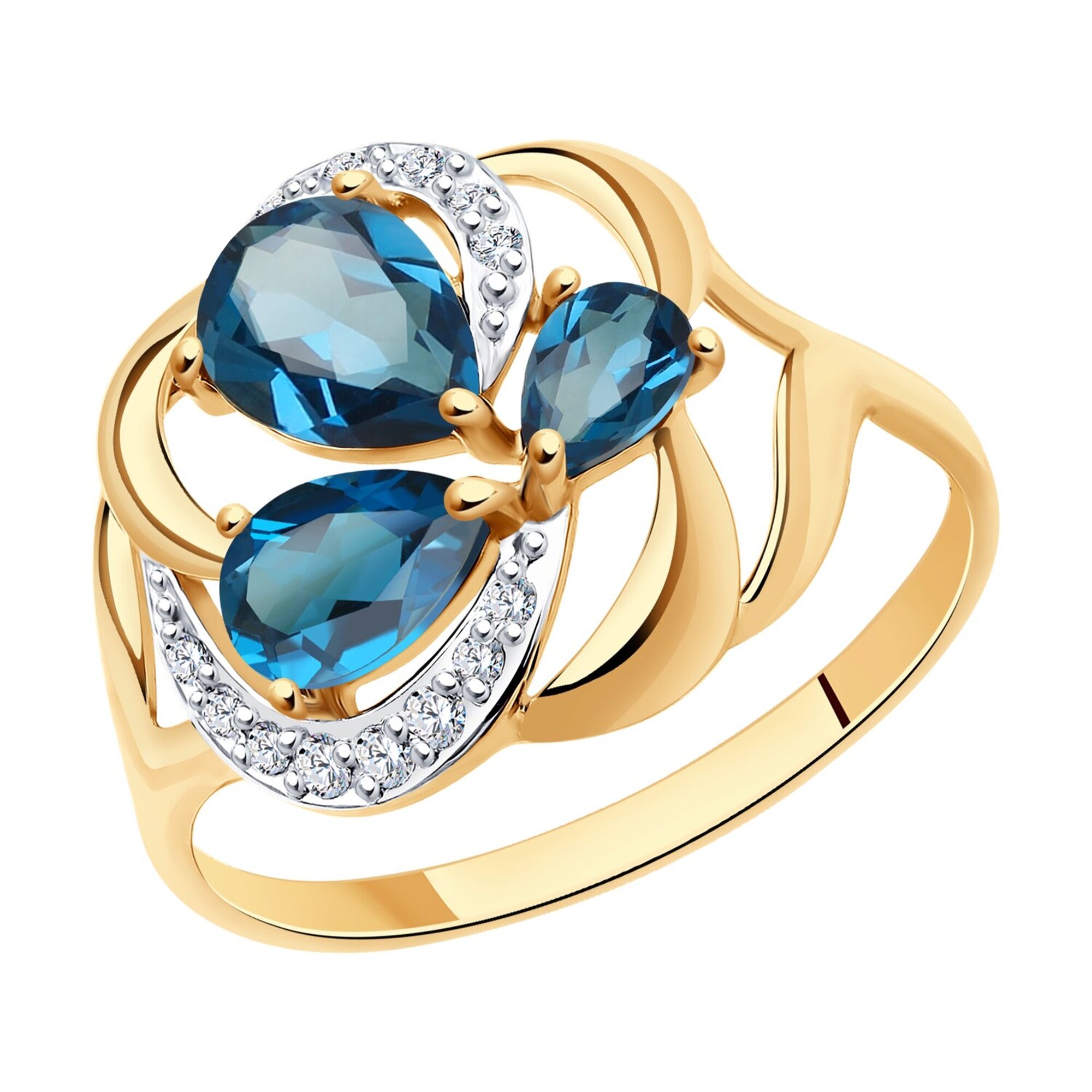 Кольцо, красное золото, 585 проба, Лондон топаз, фианит