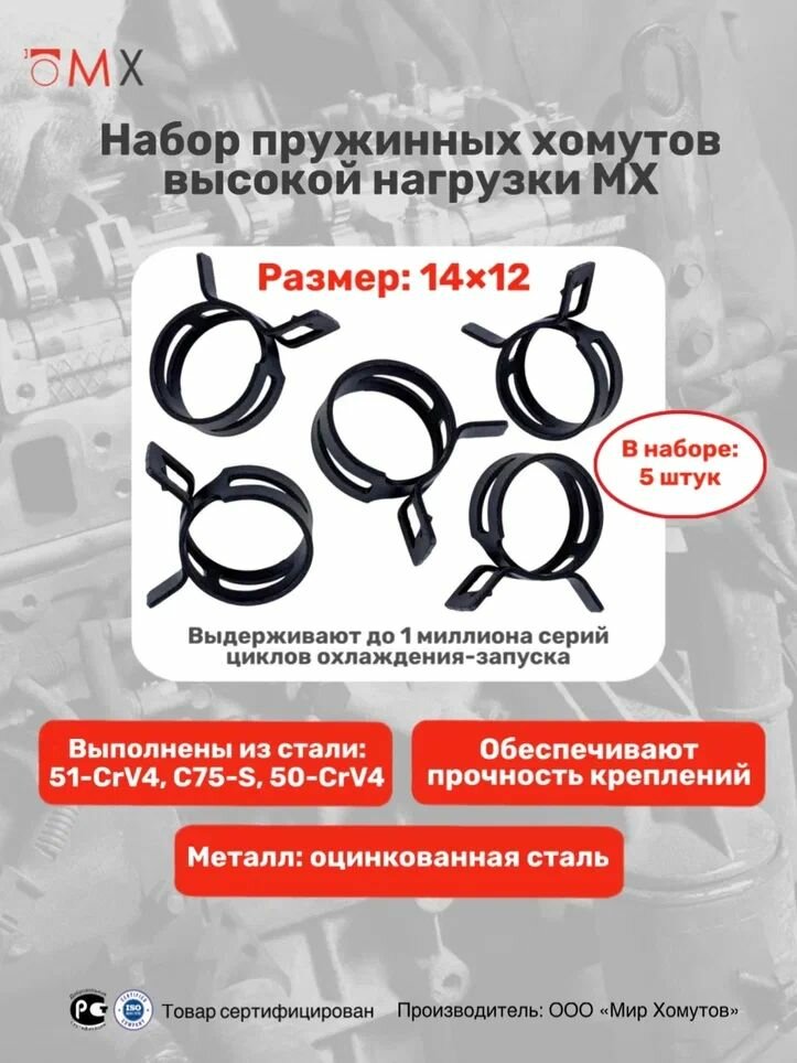 Хомут пружинный высокой нагрузки 14х12, 5шт МХ Мир Хомутов