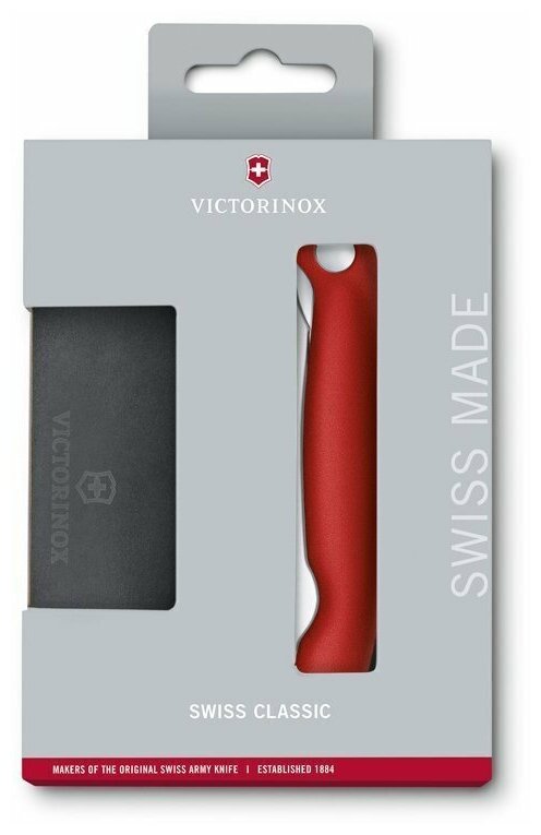 Набор VICTORINOX Swiss Classic: складной нож для овощей 11 см с волнистой заточкой лезвия и разделочная доска, нержавеющая сталь / полипропилен / древесное волокно, красная рукоять (6.7191. F1)