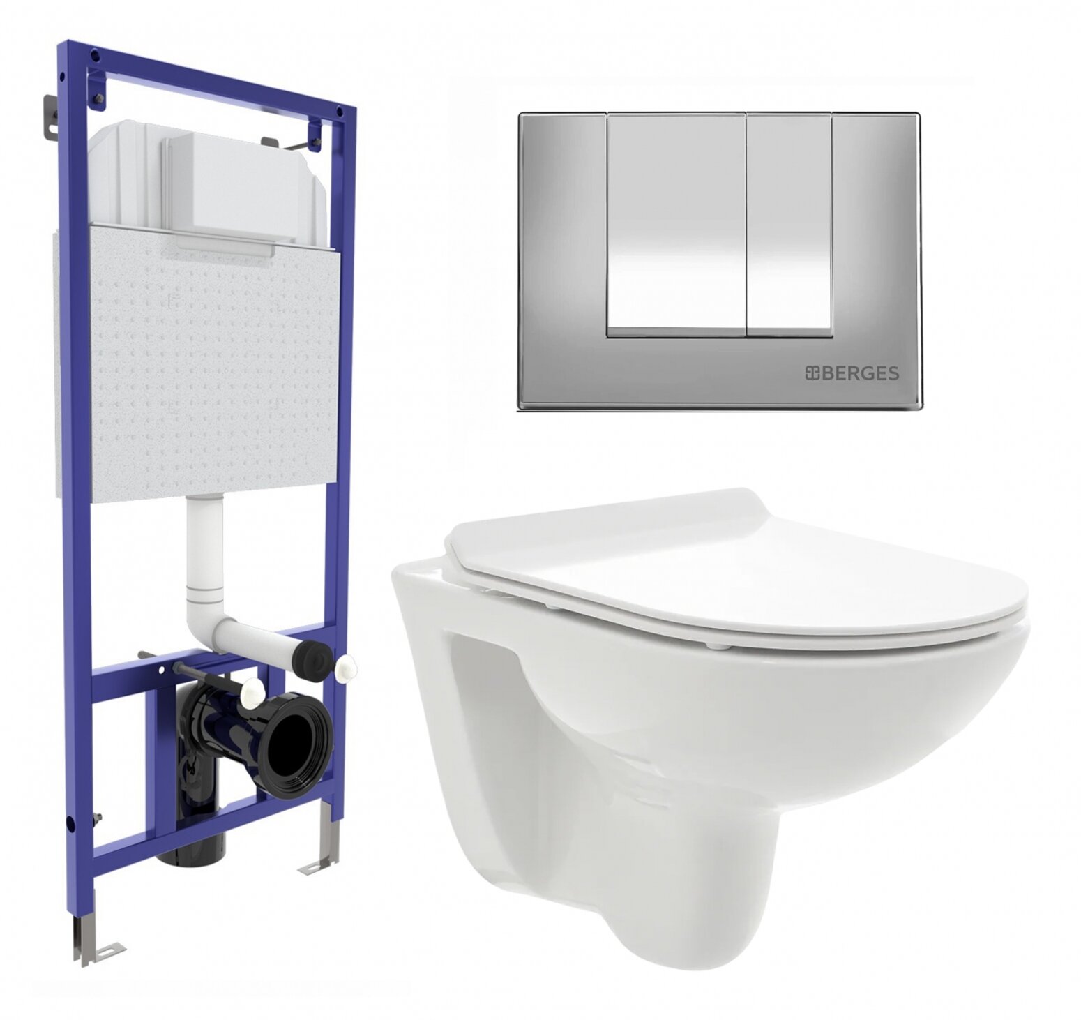 Комплект 3 в 1 инсталляция Berges Wasserhaus Novum 040242 + Унитаз подвесной AQUAme AQM2008 + кнопка хром матовая