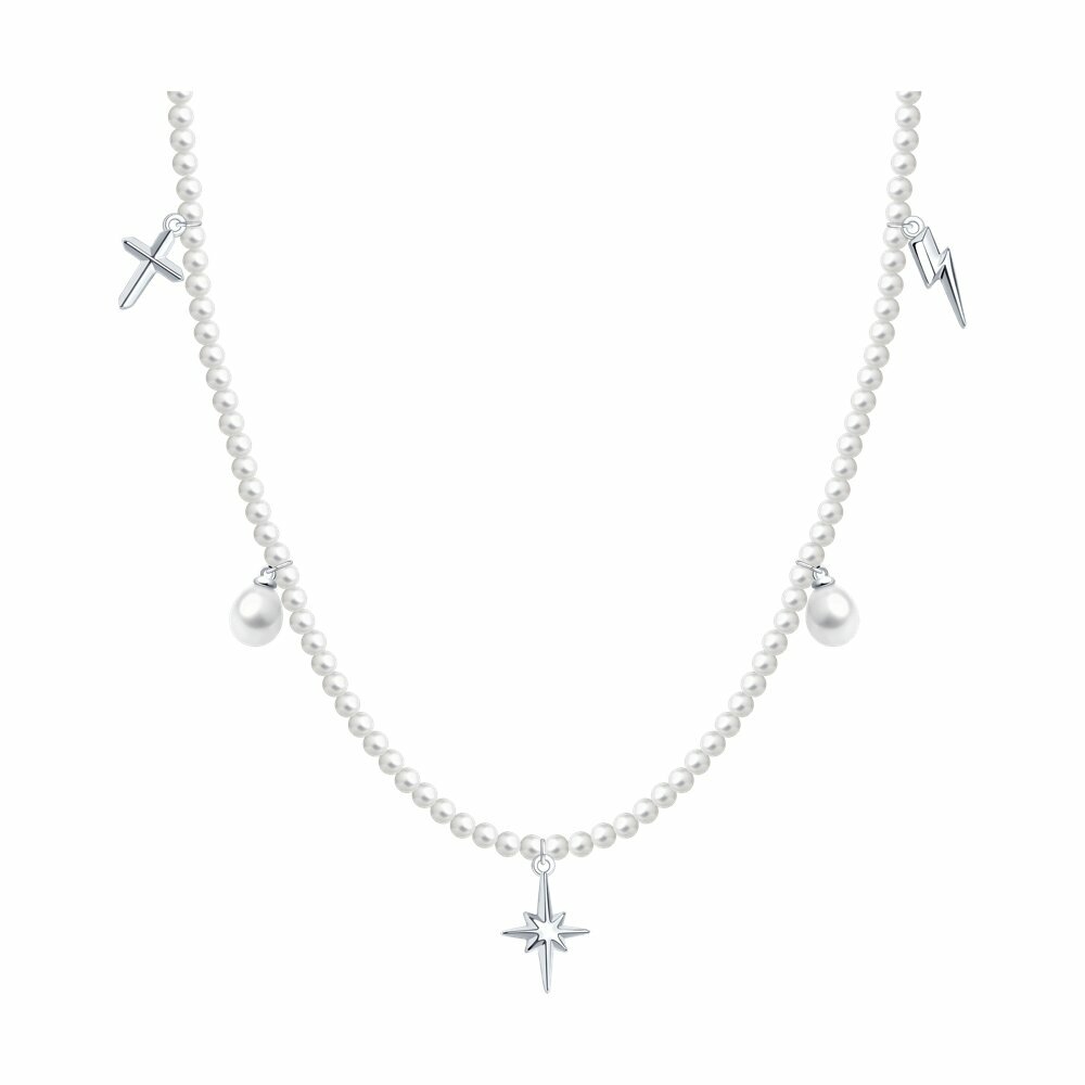 Колье, серебро, 925 проба, родирование, жемчуг имитация, жемчуг пресноводный культивированный