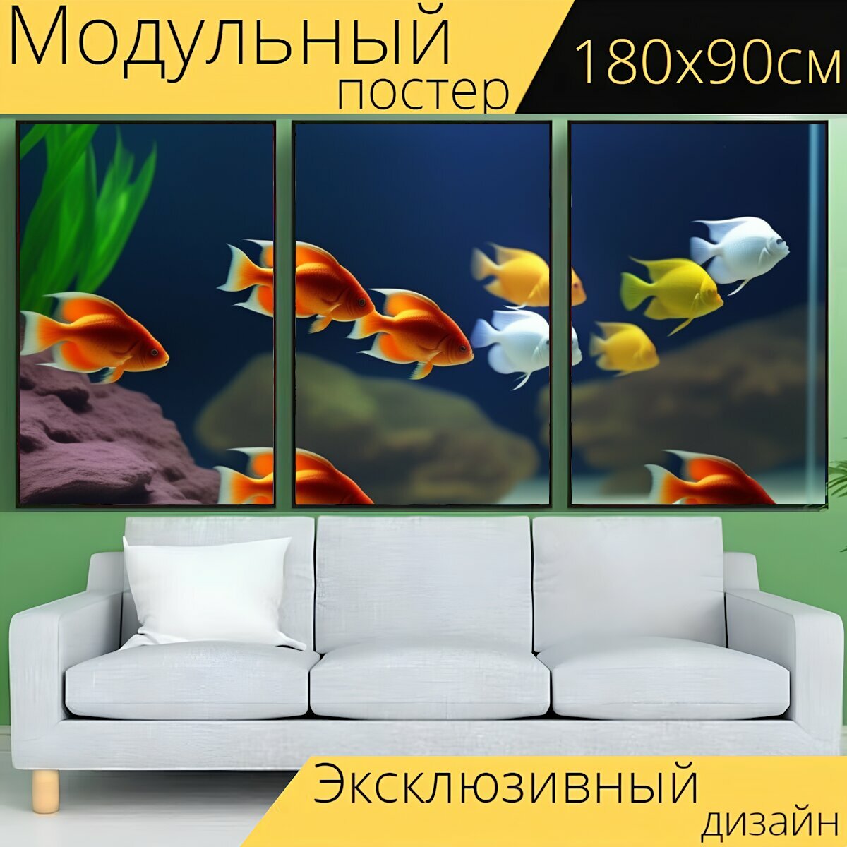 Модульный постер "Стая аквариумные рыбки животные" 180 x 90 см. для интерьера на стену в тубусе