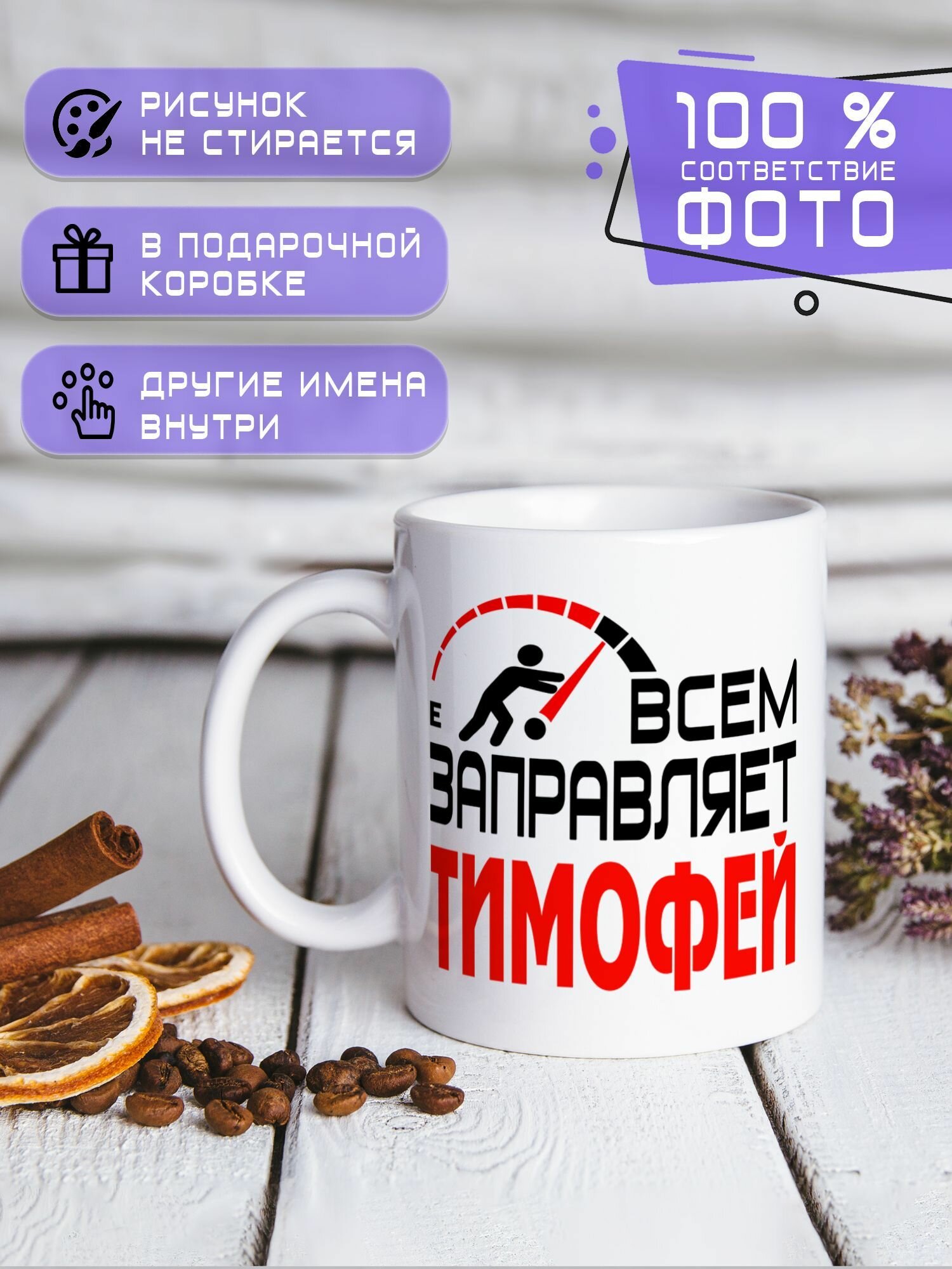 Кружка керамическая подарок на день рождения, именная с принтом "Всем заправляет Тимофей"
