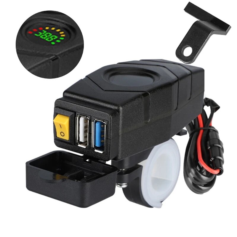 Автомобильное зарядное устройство для мотоцикла, водонепроницаемый USB-адаптер, 12-60 В, двойной USB-порт для телефона, быстрая зарядка 3,0 с переключателем, аксессуар для мотоцикла зеленый