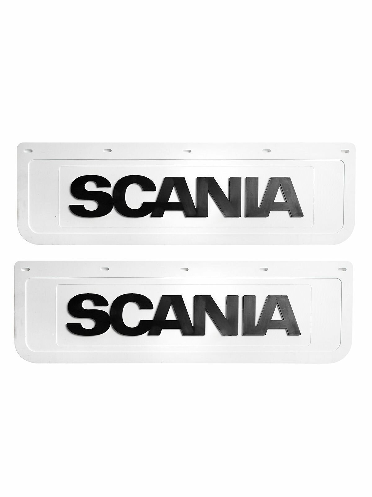 Брызговики белые на передний бампер 600x180 мм (2 штуки). Резина (LUX). Черная надпись "SCANIA". Сделано в России (25954)