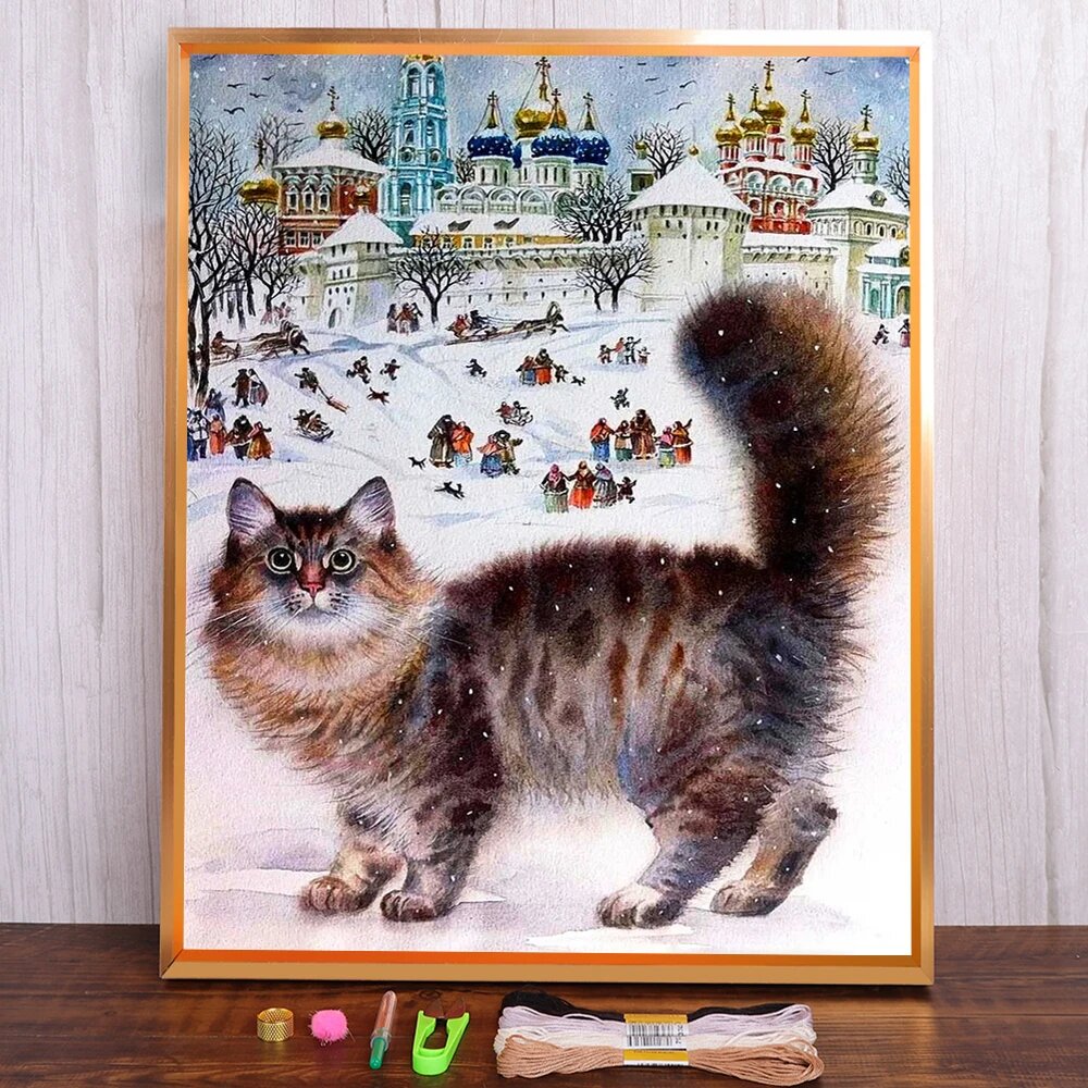 Набор для вышивки крестиком "Котик в зимнем пейзаже", 60x80cm, 11CT Cotton Thread, HMA7420