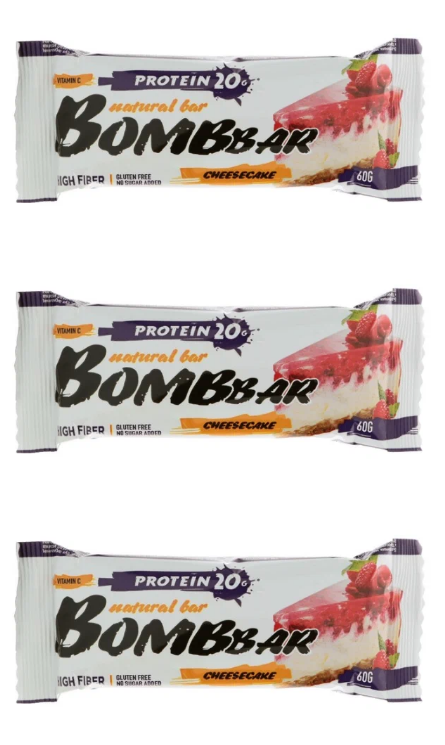 Батончик с высоким содержанием протеина BOMBBAR, Малиновый чизкейк, 60 гр, 3 шт