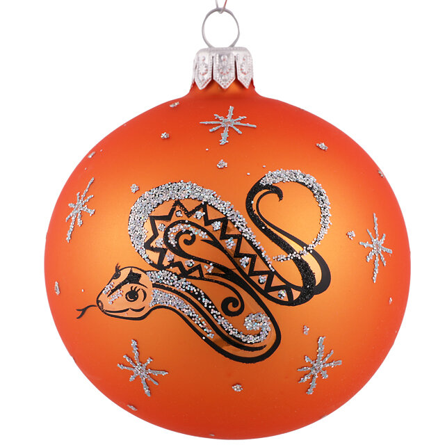 Стеклянный елочный шар Зодиак - Змея Саманта 8 см оранжевый, Фабрика Елочка, С863-змея-1-оранж
