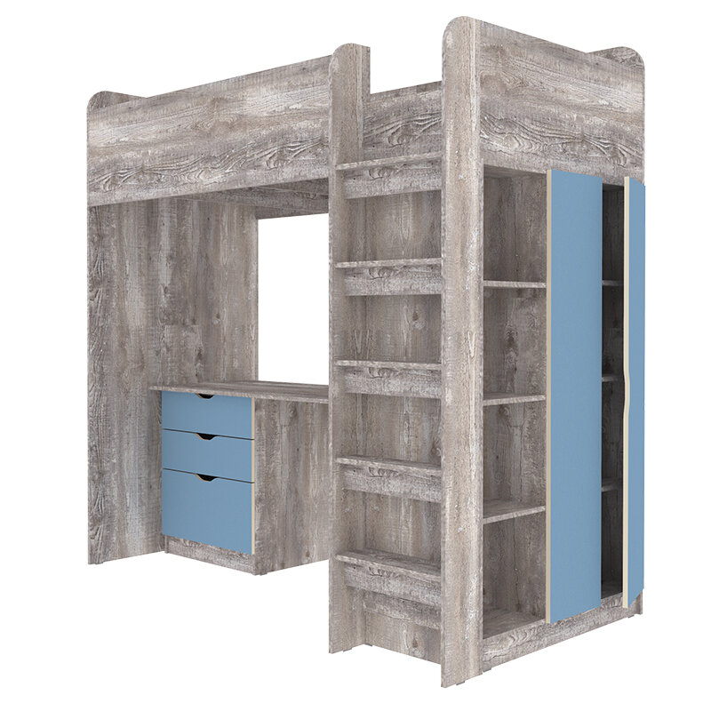 Кровать-чердак Polini Simple с письменным столом и шкафом Бетон Светло Синий/Голубой