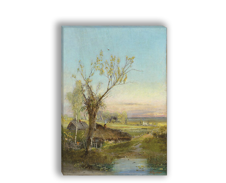 "Деревня на берегу реки", Саврасов А. К, картина для интерьера (репродукция) (60х85 см / на подрамнике)