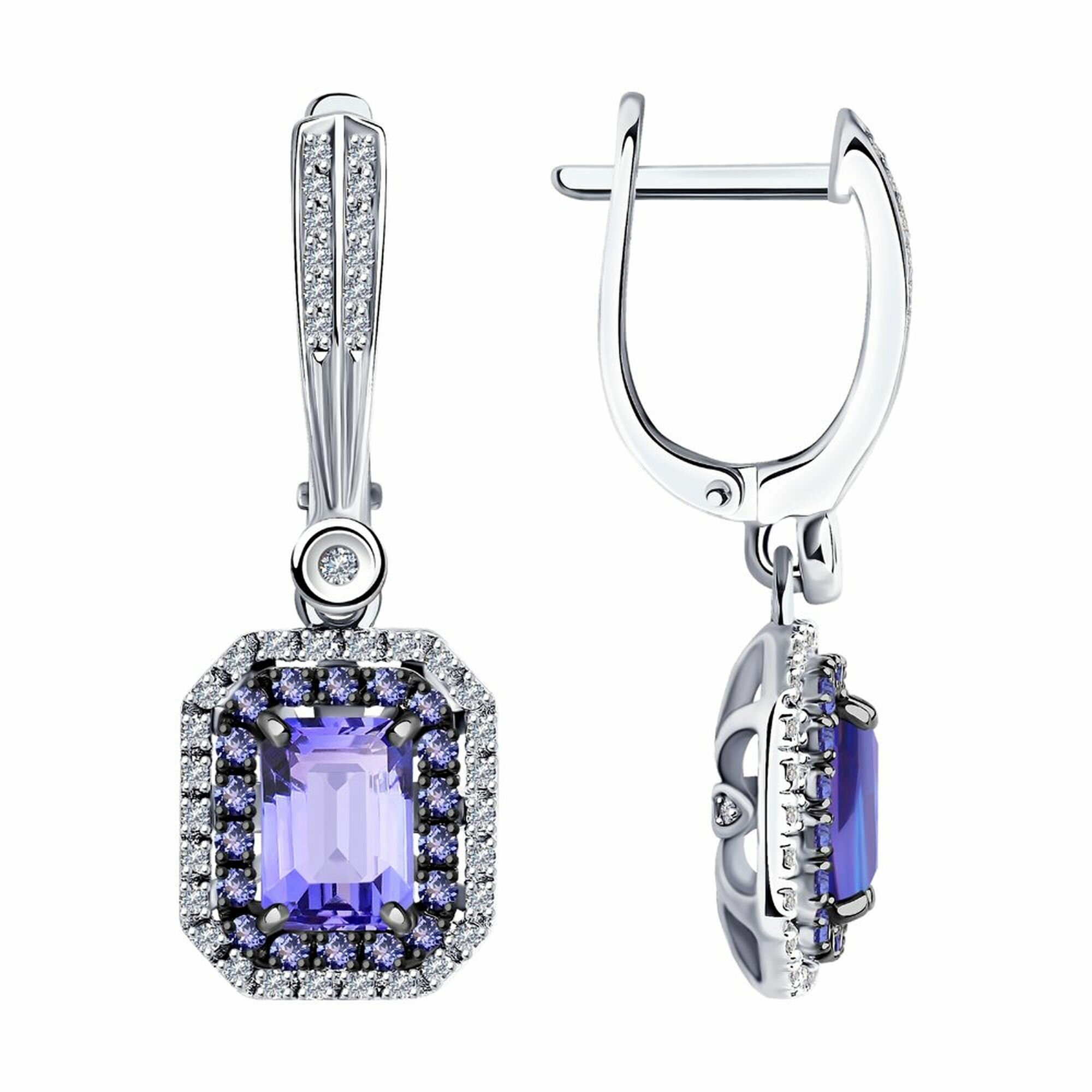 Серьги, белое золото, 585 проба, бриллиант, танзанит