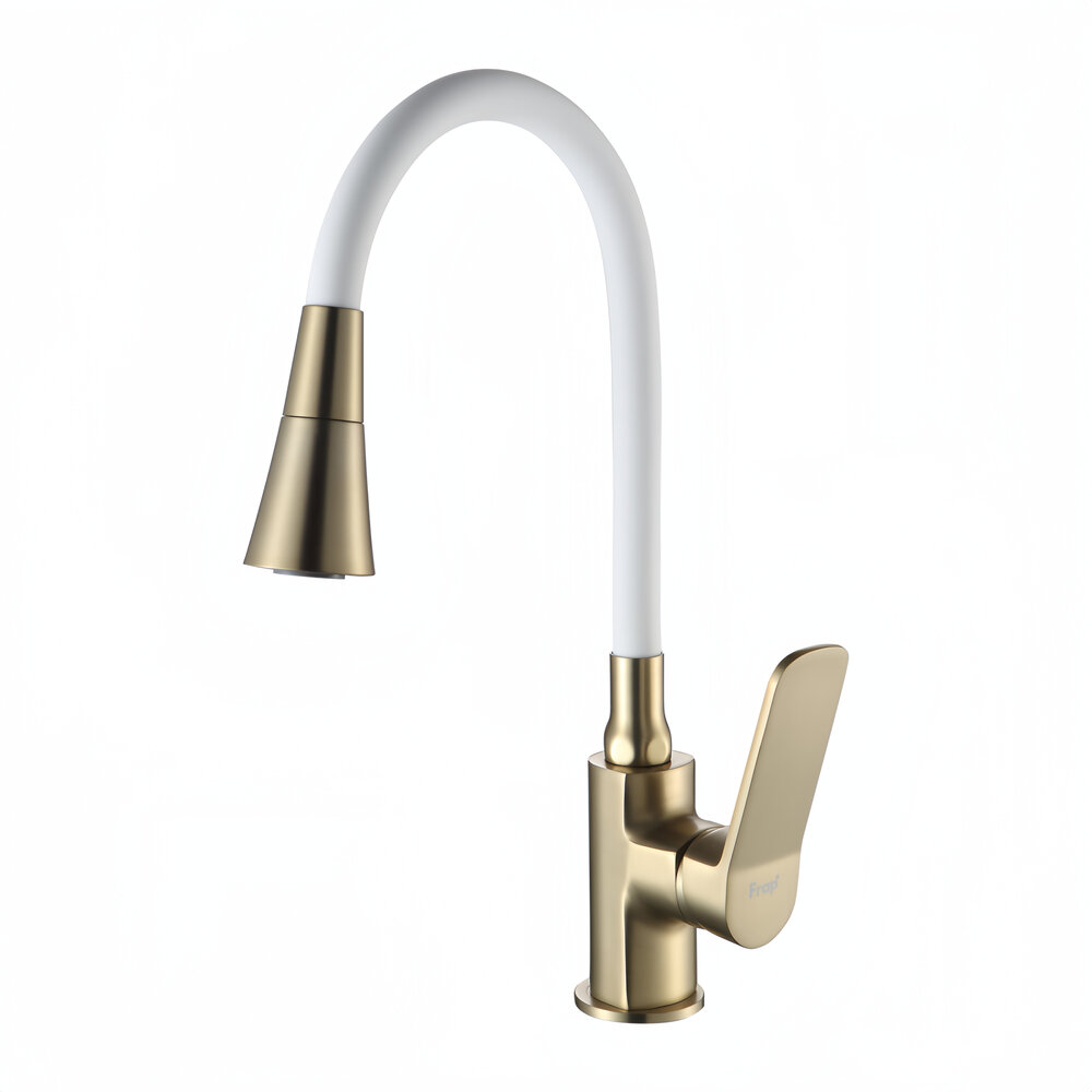 Смеситель для кухни с гибким изливом F4462-3 белый/золотой сатин