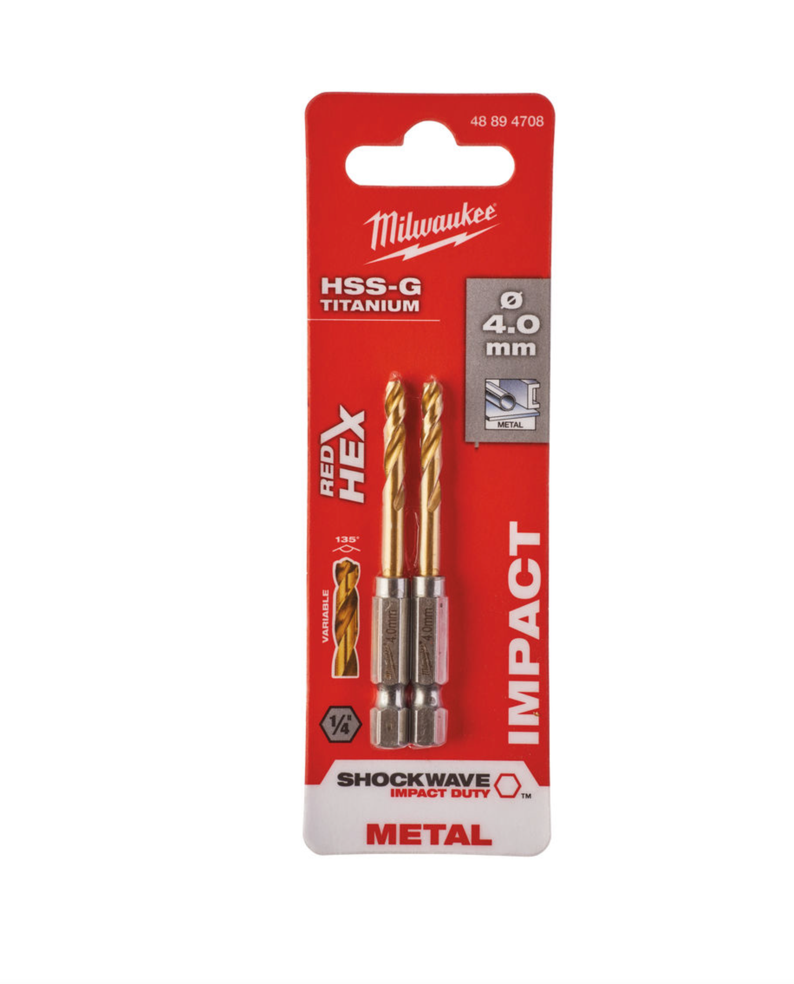 Сверло Milwaukee RedHEX HSS-G TiN по металлу 4.0мм, 2 шт, 48894708