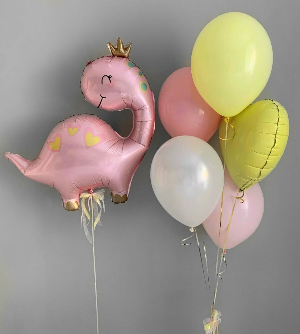 Связка шариков в солнечной расцветке "Розовый динозаврик"