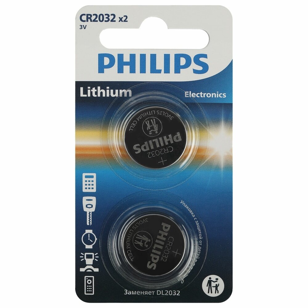 Батарейки Philips 2 шт, Lithium, CR2032, литиевые, блистер (Б0062716)