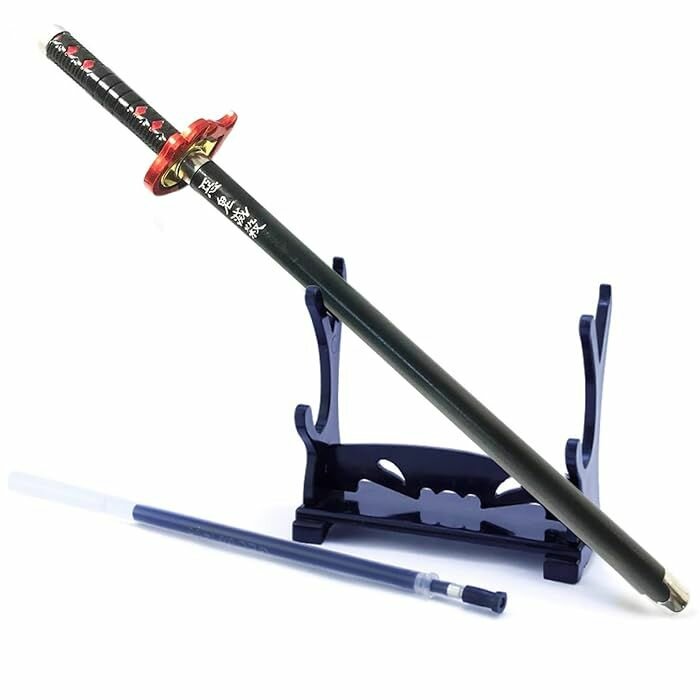 Ручка Demon Slayer с мини-моделью металлического оружия, шариковая ручка-фигурка для коллекционеров и подписей, включая заменяемый стержень и подставку для ножа