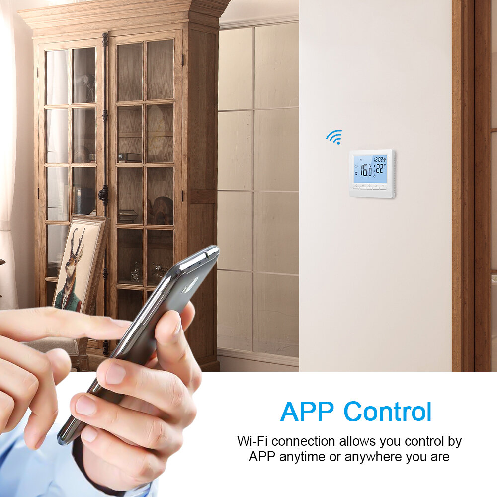 Wi-Fi Smart Thermostat Цифровой регулятор температуры Управление через приложение ЖК-дисплей Программируемый на неделю Электрический термостат для подогрева пола для дома, школы, офиса, отеля 16A