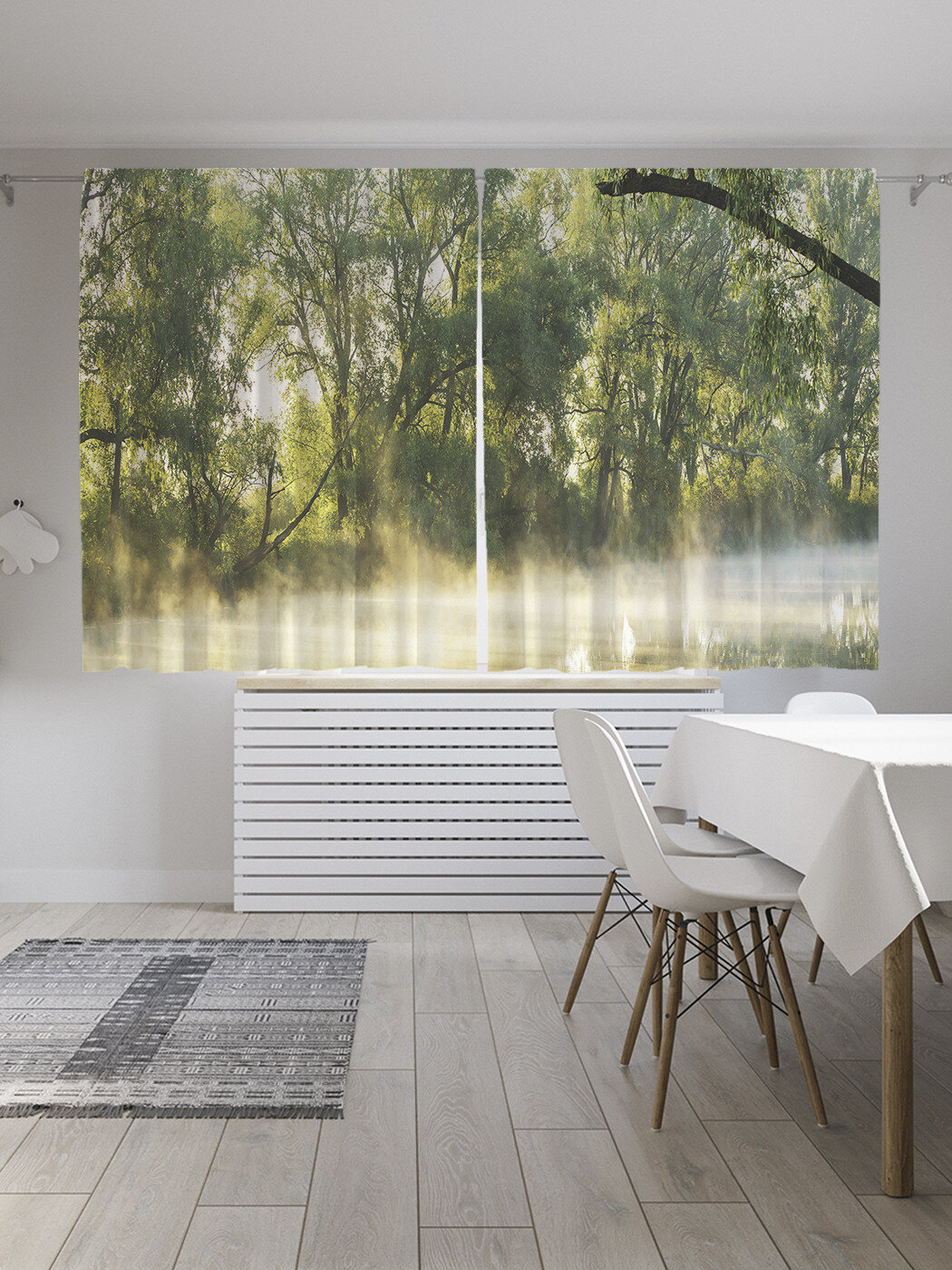 Фотошторы короткие "Туман над рекой", 2 полотна шириной по 145 см, высота 180 см, JoyArty