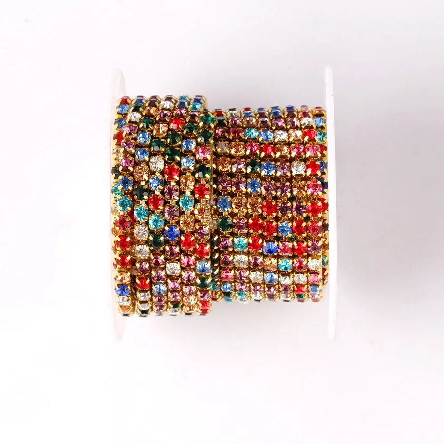 Стразовая цепочка SNCRYSTAL золотистый металл AB цвета SS6-SS12 SS6 2mm 10yards, A10 All colors mix