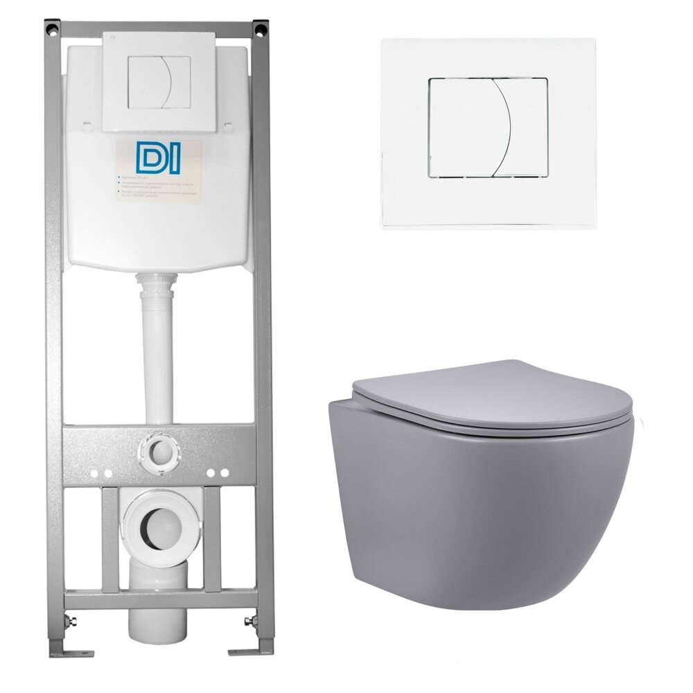 Комплект 3 в 1 инсталляция DI + Подвесной унитаз Vincea Globo VT1-14SMG серый с кнопкой белой Тип 2-Б-DI + VT1-14SMG
