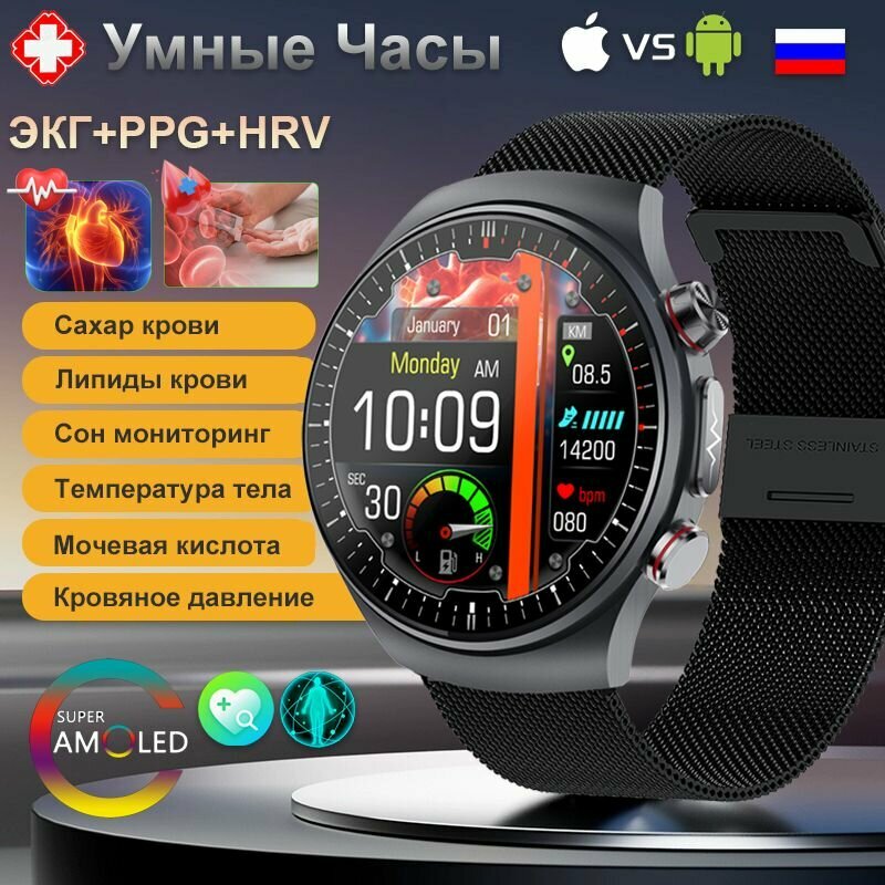 Умные часы 2025 с AMOLED-экраном и топовым чипом TI: Неинвазивный замер глюкозы, круглосуточный мониторинг сердца, Bluetooth-звонки.