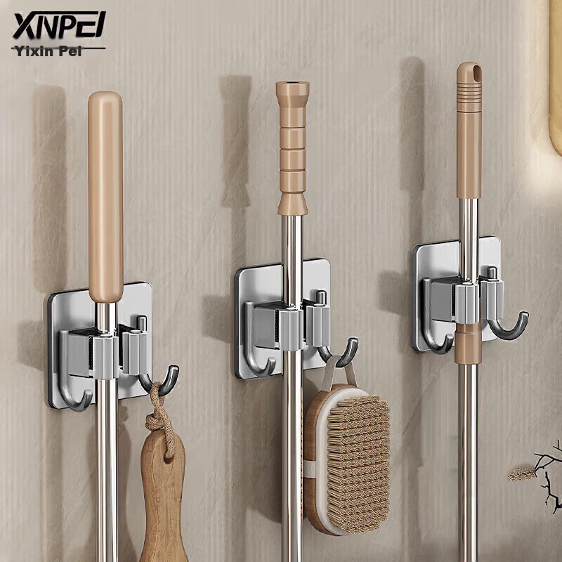 Xinpei Mop Hook, 304 Stainless Steel, No Drilling Required, Toilet Nail-Free Hanger, Bathroom Storage Rack, Mop Stand
