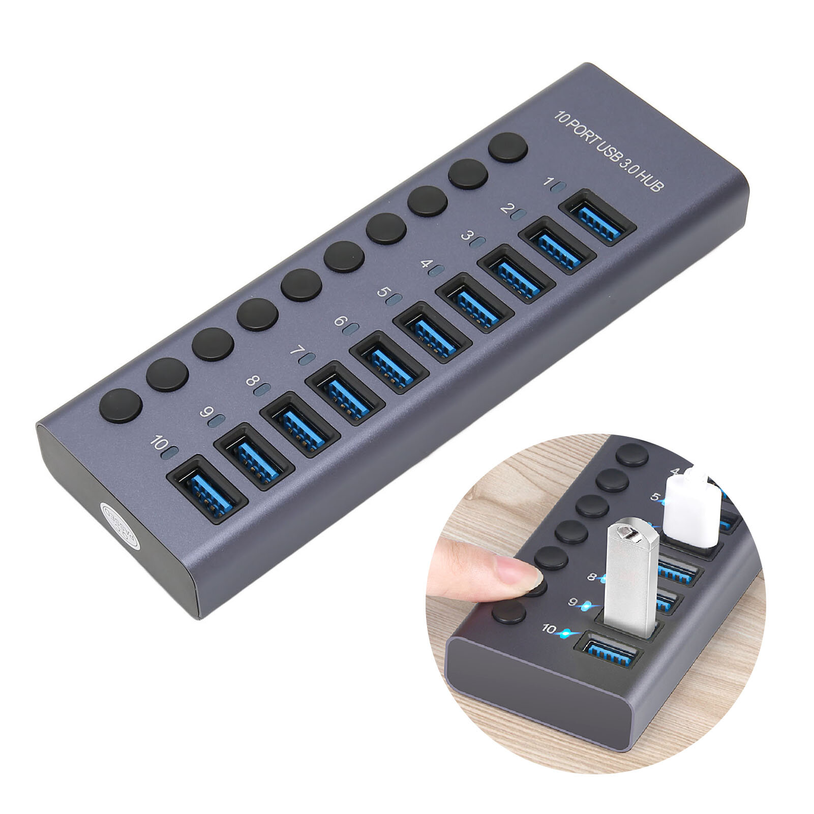 10-портовый концентратор USB 3.0, 60 Вт, с отдельными переключателями питания. Светодиоды. Корпус из алюминиевого сплава. Док-станция USB 3.0. Адаптер питания 60 Вт, 12 В, 5 А, вилка стандарта США, 100 240 В.