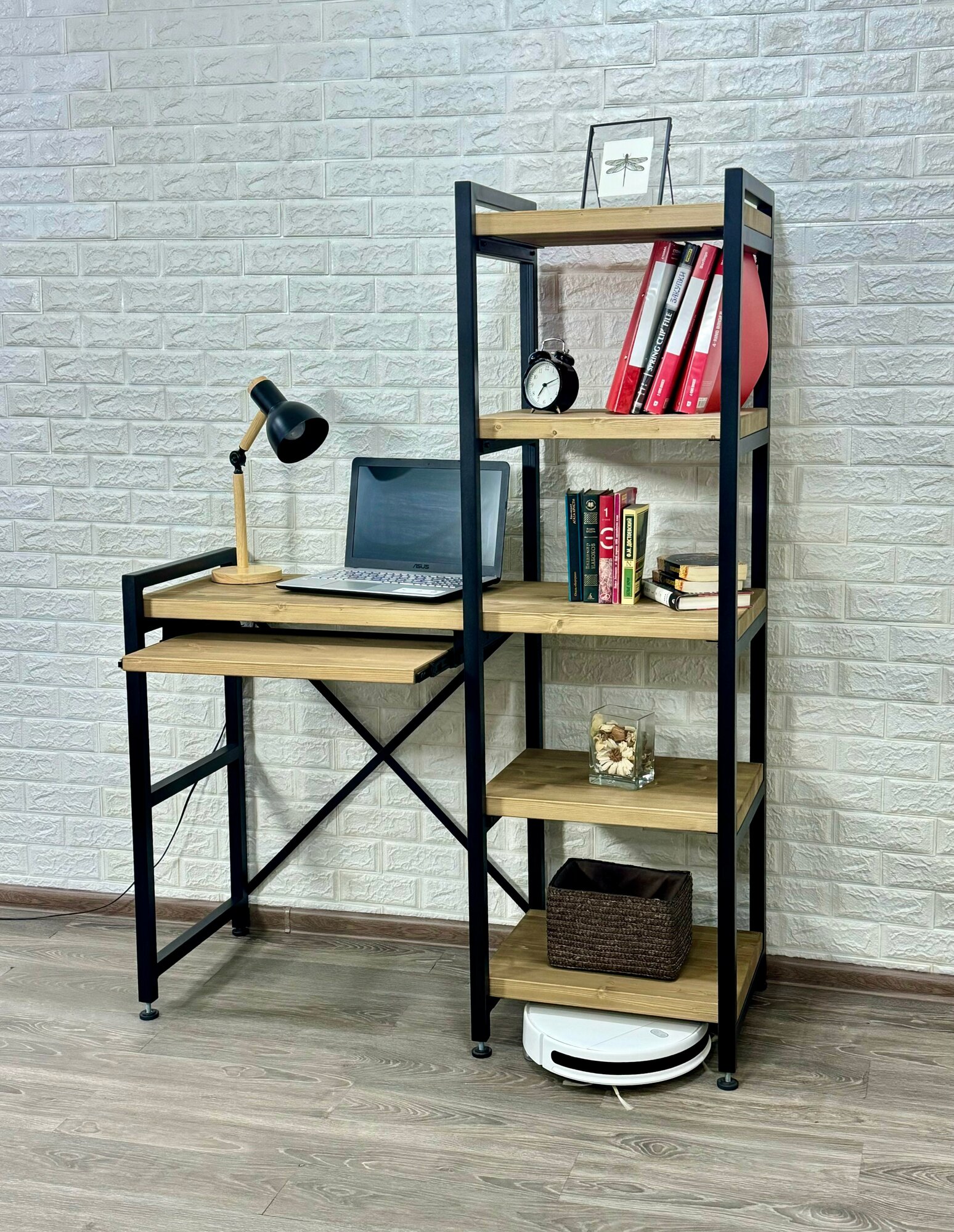 Компьютерный стол-стеллаж в стиле лофт, KOWALLI Palermo-5XL, черный, массив дерева, толщина столешницы 4 мм