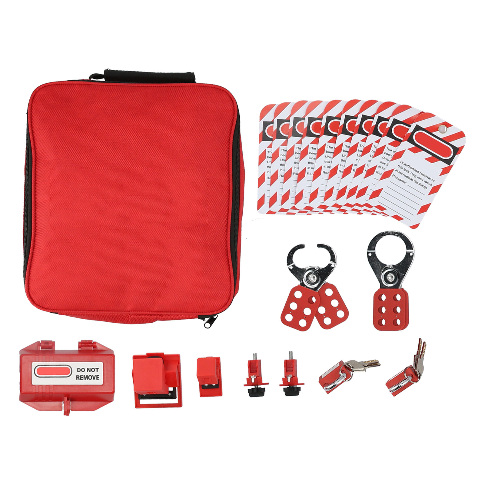 Комплект блокировки электрооборудования с хомутом, замками, блокировками выключателей, блокировкой розеток и сумкой для хранения: 10 табличек, 1 блокировка розетки, 2 замка, 4 ключа, 1 мелкий хомут для выключателя, 1 средний хомут для выключателя, 1