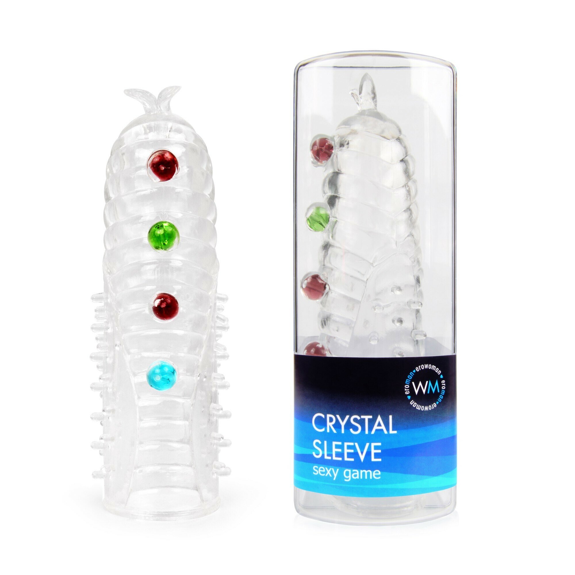 Закрытая прозрачная насадка на пенис Crystal Sleeve с шариками и усиками - 14 см.