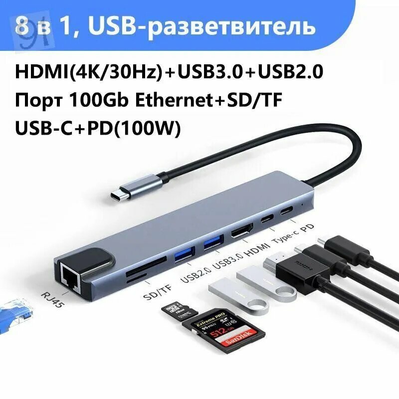 USB Splitter 8 в 1 USB HUB C Док-станция USB 3.0 концентратор 4k Hdmi RJ45 TF SD Card Reader Ноутбук для Macbook USB-2.0 C TYPE-C