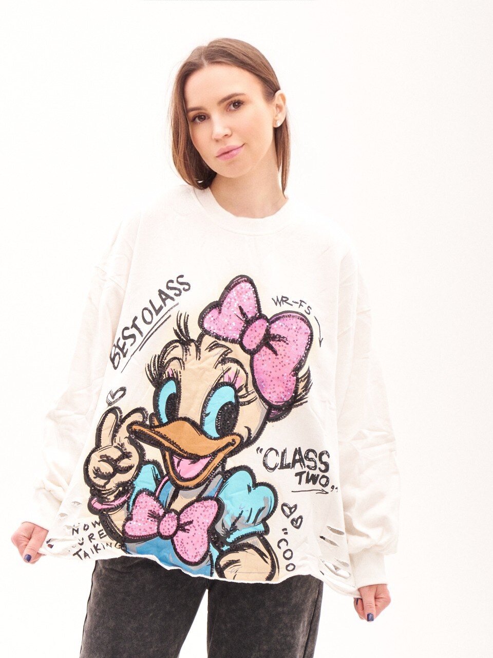 Свитшот  Свитшот из хлопка в белом цвете принт поночка Disney вышитая пайетками 40-48