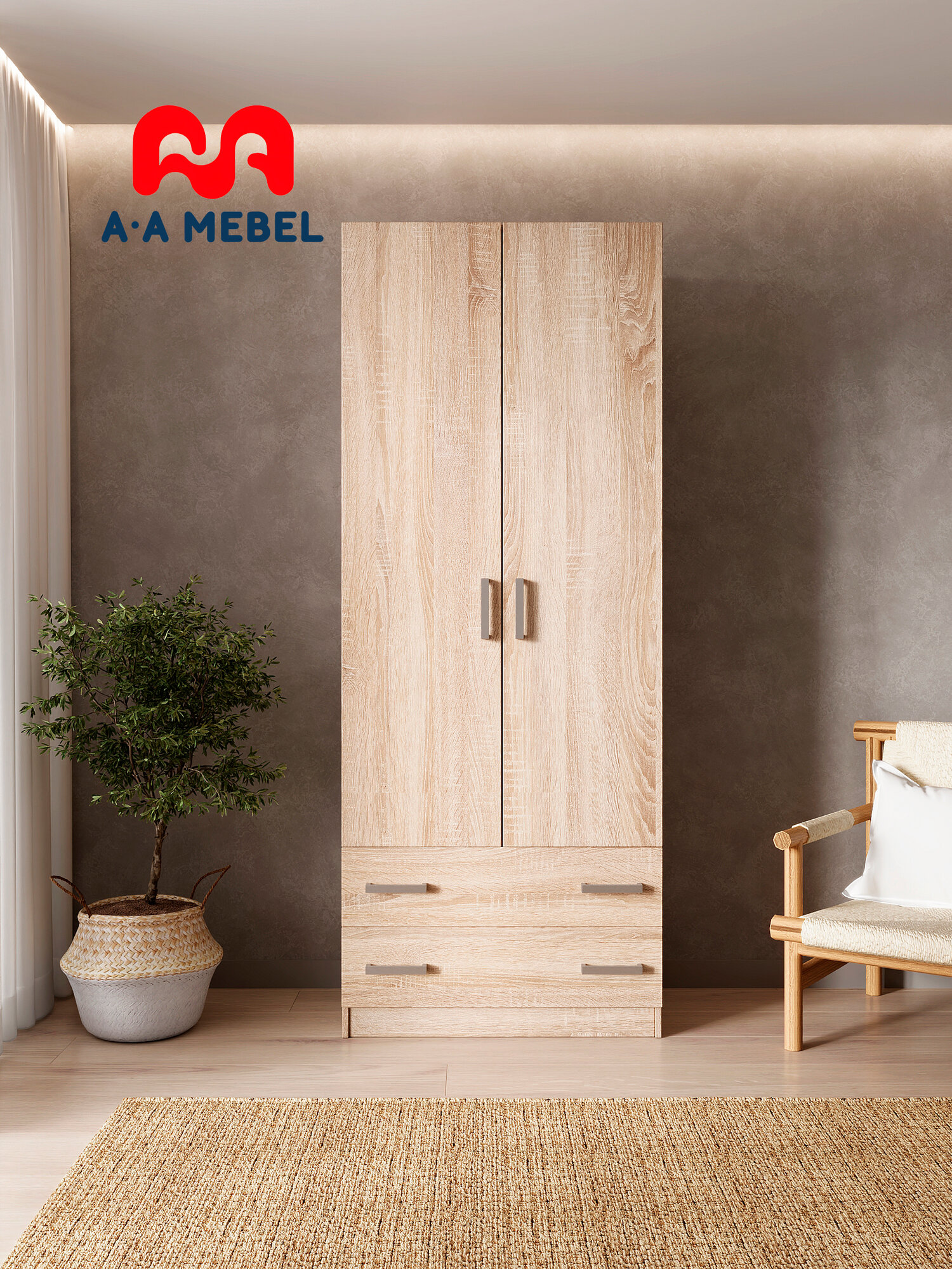 Шкаф A-A MEBEL для одежды РИК двухдверный распашной платяной с ящиками и штангой 80х48х204 см дуб сонома