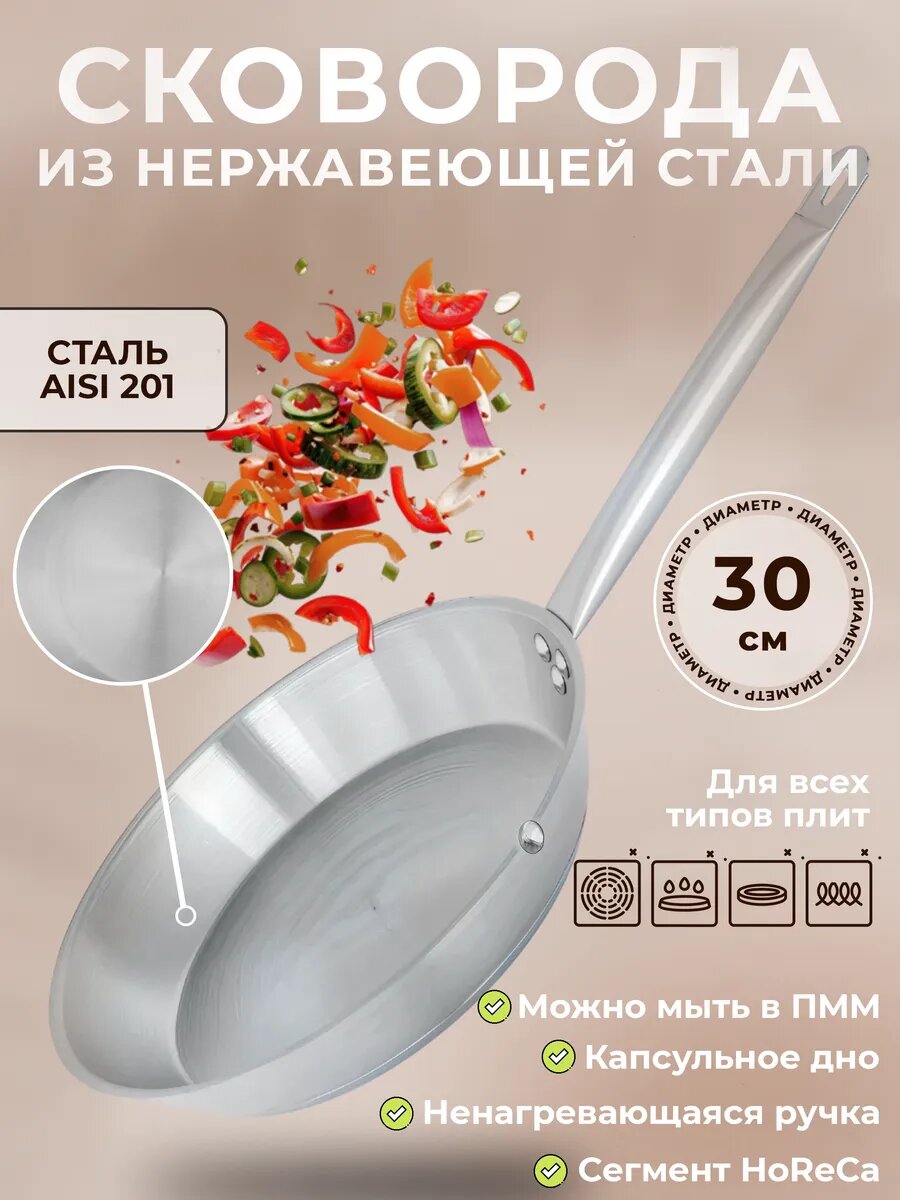 Сковорода из нержавеющей стали Hanna Knövell, d=30 см, h=5,5 см, толщина стенки 0,6 мм, длина ручки 24,5 см, индукция