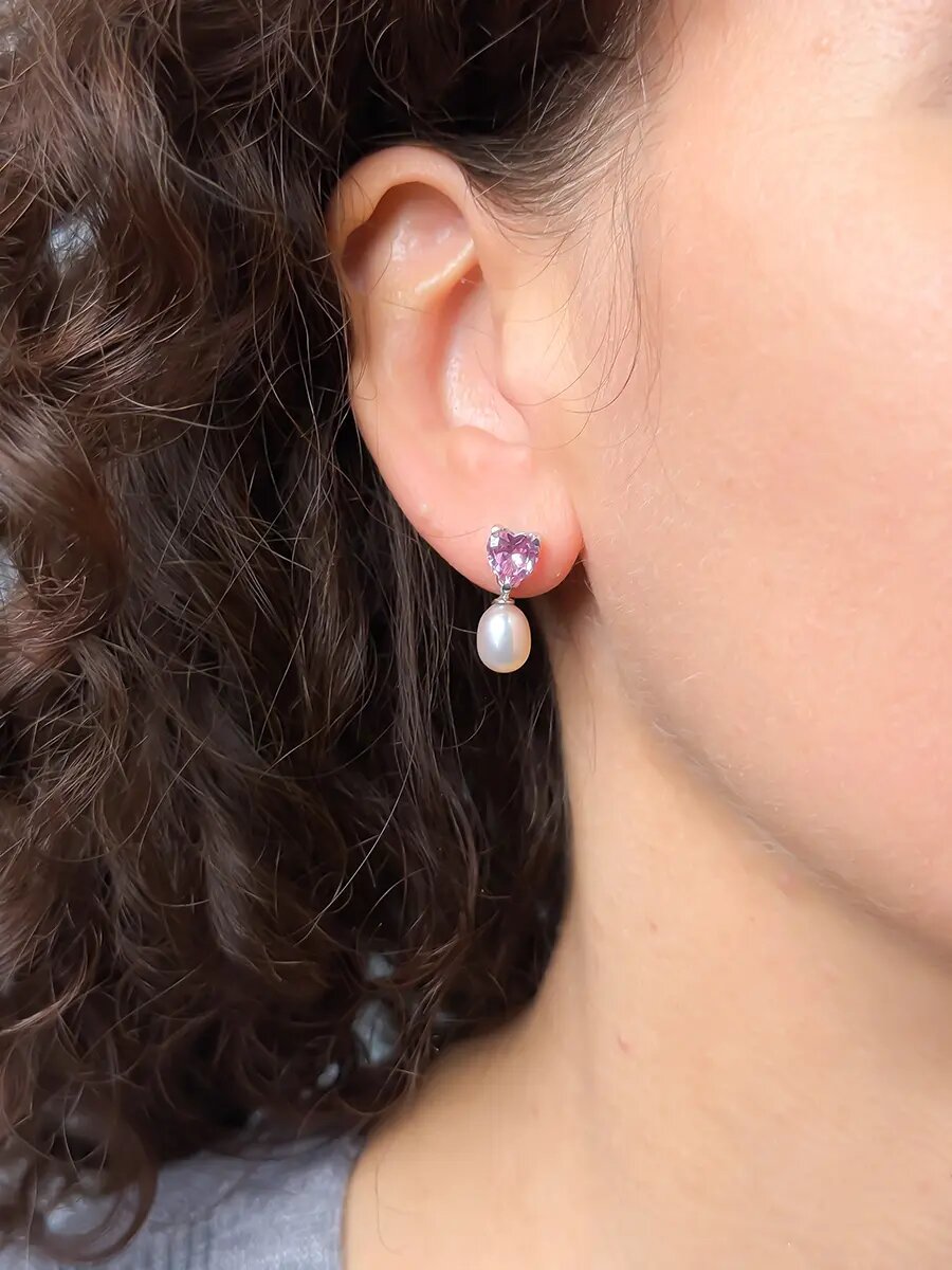 Серьги пусеты, серебро, 925 проба, родирование, сапфир синтетический, жемчуг