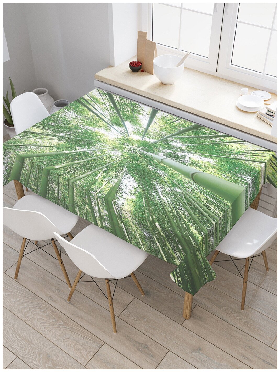 Прямоугольная тканевая скатерть на стол с рисунком "Бамбуковый лес" 145 на 180 см, JoyArty