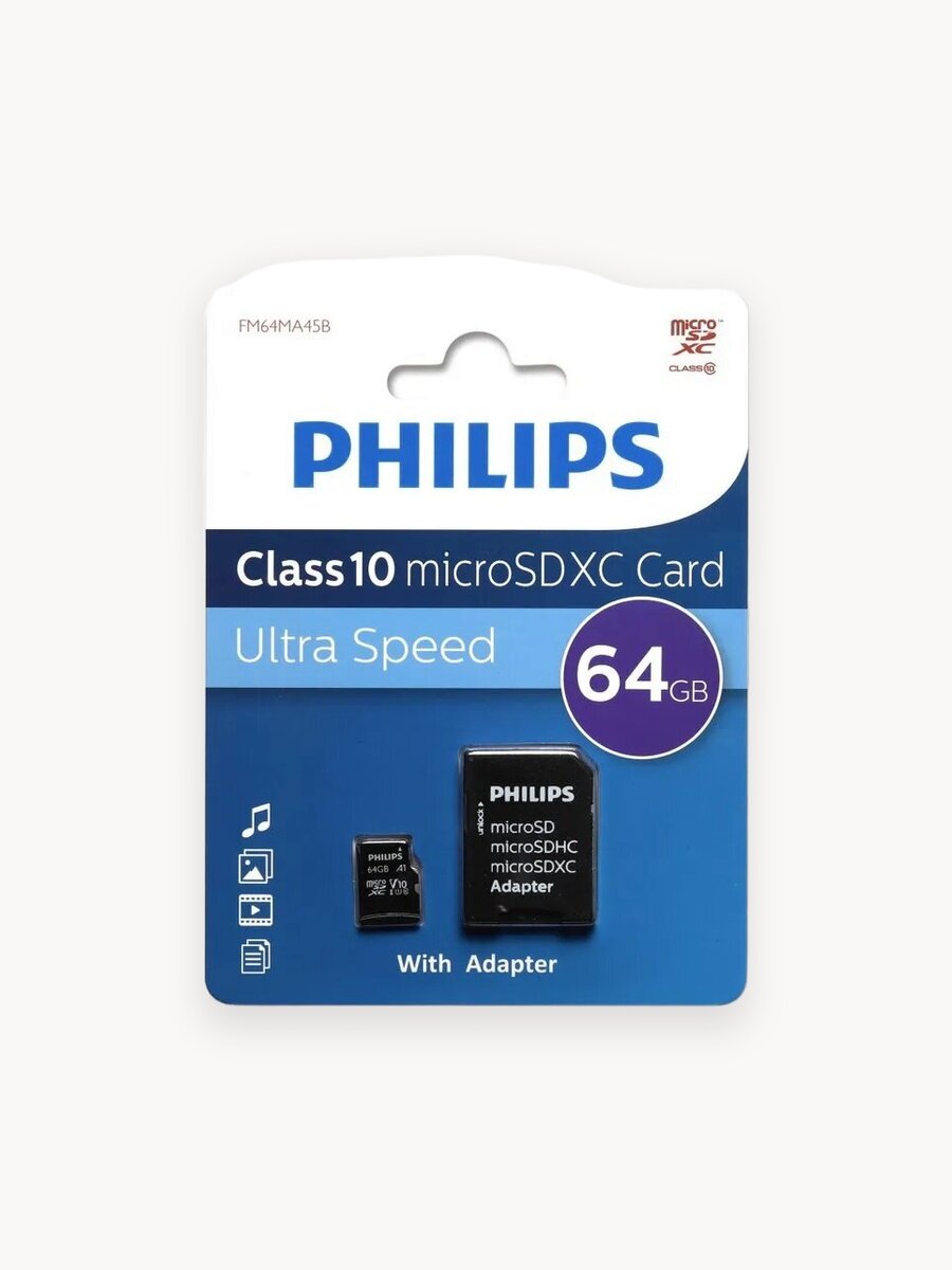 64Gb - Philips Micro Secure Digital XC Class 10 FM64MA45B/97 с переходником под SD